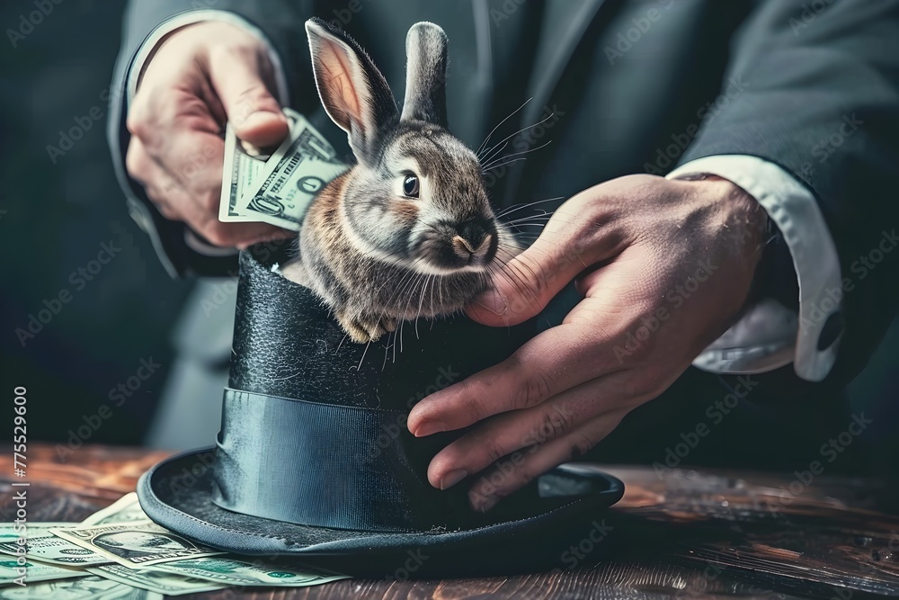 Magician Revealing Currency Rabbit from Hat Representing Profitable ...