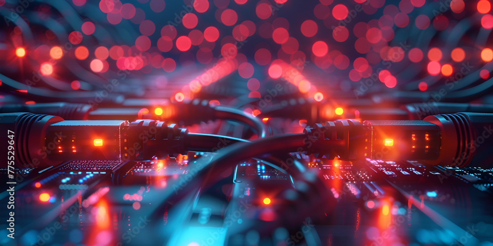 Data flowing through fiber optics cables, digital neon background ...