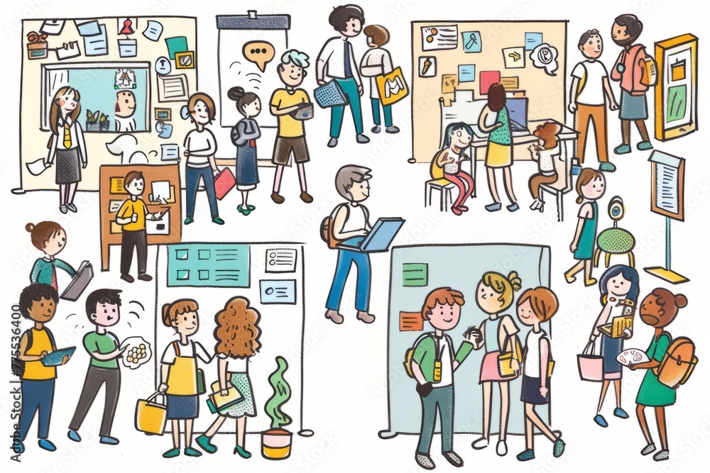 Cartoon cute doodles of a career fair on campus, with students ...