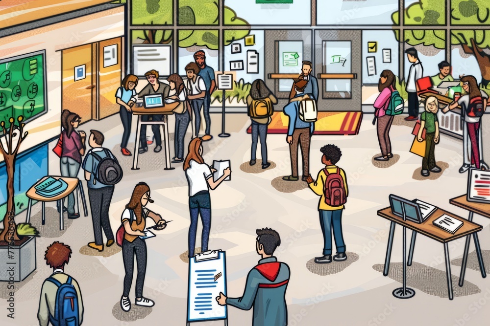 Cartoon cute doodles of a career fair on campus, with students ...