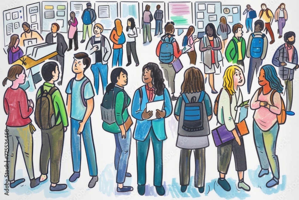 Cartoon cute doodles of a career fair on campus, with students ...