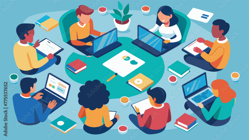 An overhead shot of a clroom with students huddled in groups around ...