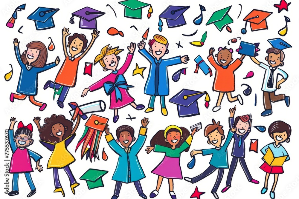Cartoon cute doodles of a college graduation ceremony, with students ...