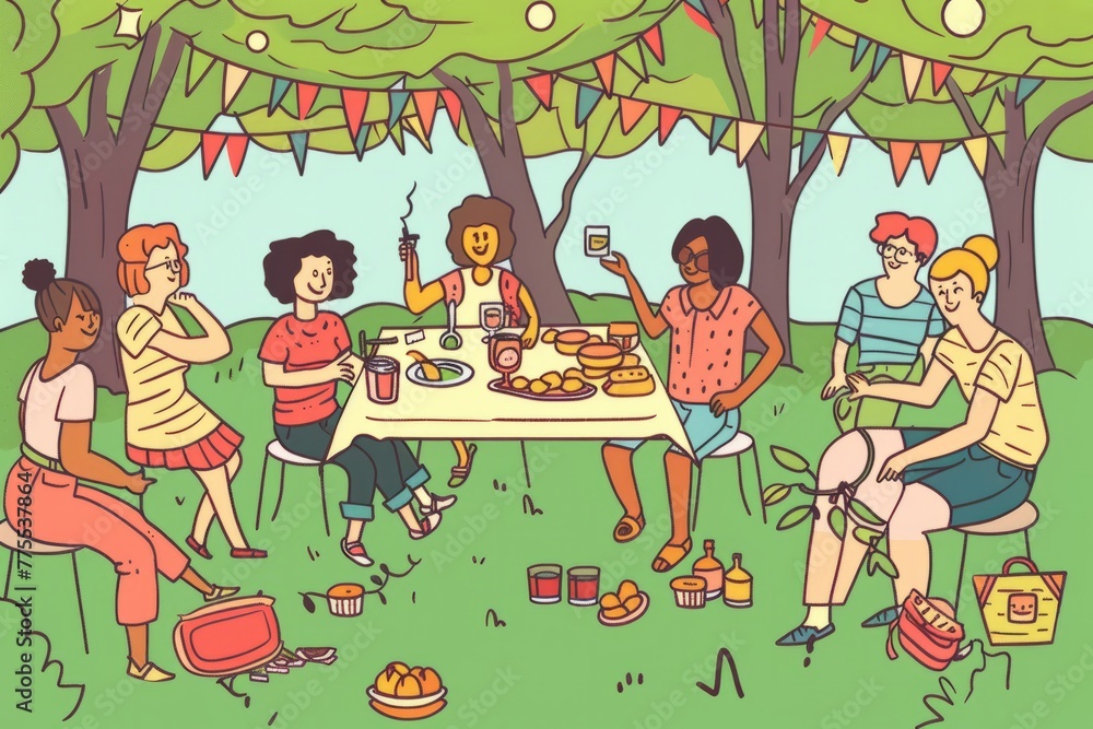 Cartoon cute doodles of a college reunion picnic, with alumni ...