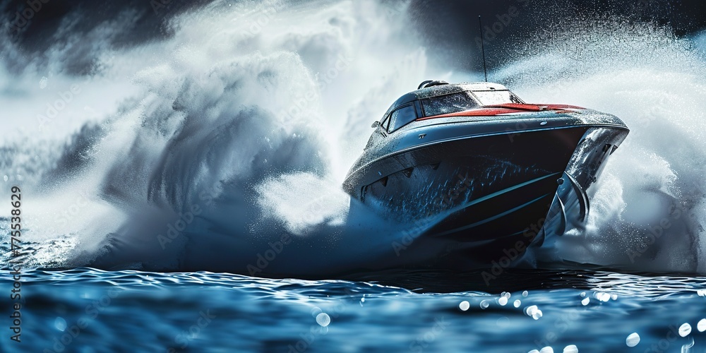 High-speed boat racing on the water, close-up on the spray and hull ...