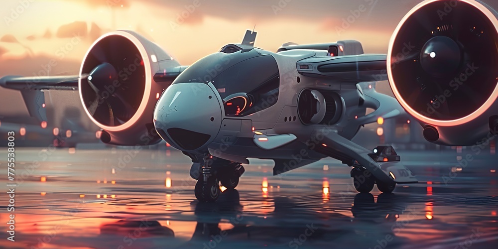 Vertical take-off and landing (VTOL) aircraft parked, close-up on the ...