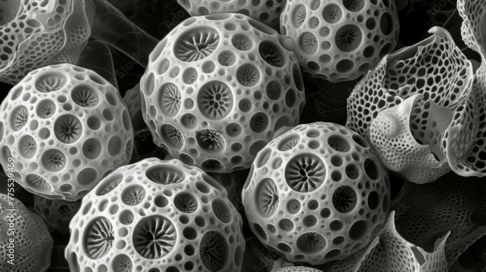 An electron microscope view of multiple worm eggs each exhibiting a ...