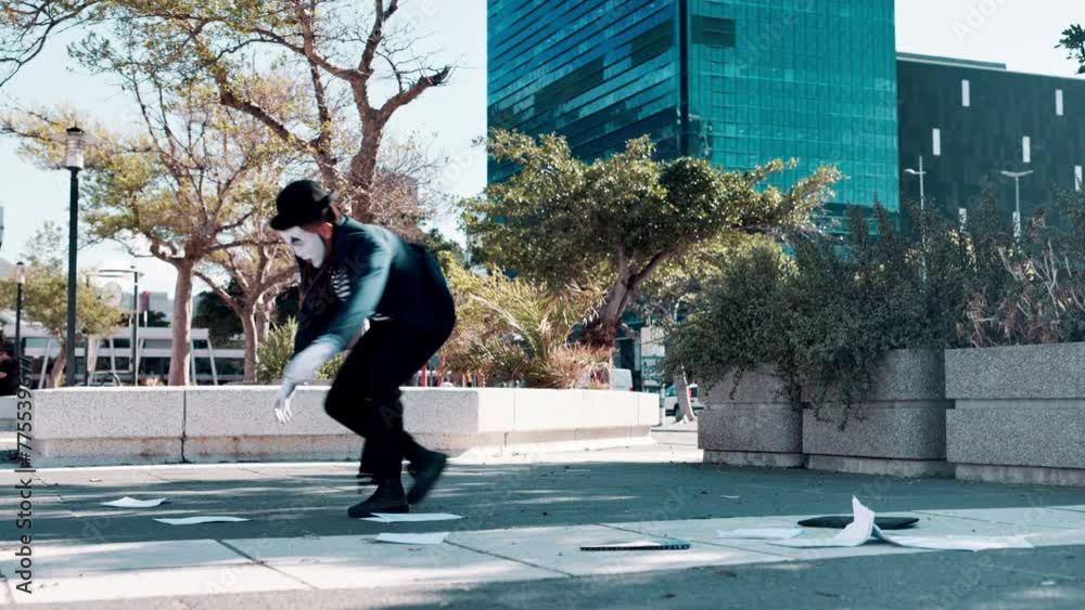 Man, walk and fall as street mime or performer with paper for circus ...