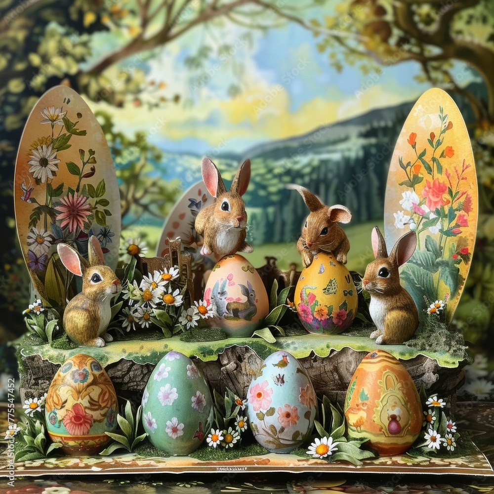 Storybook 3D Easter card with bunnies enacting scenes from fairy tales ...