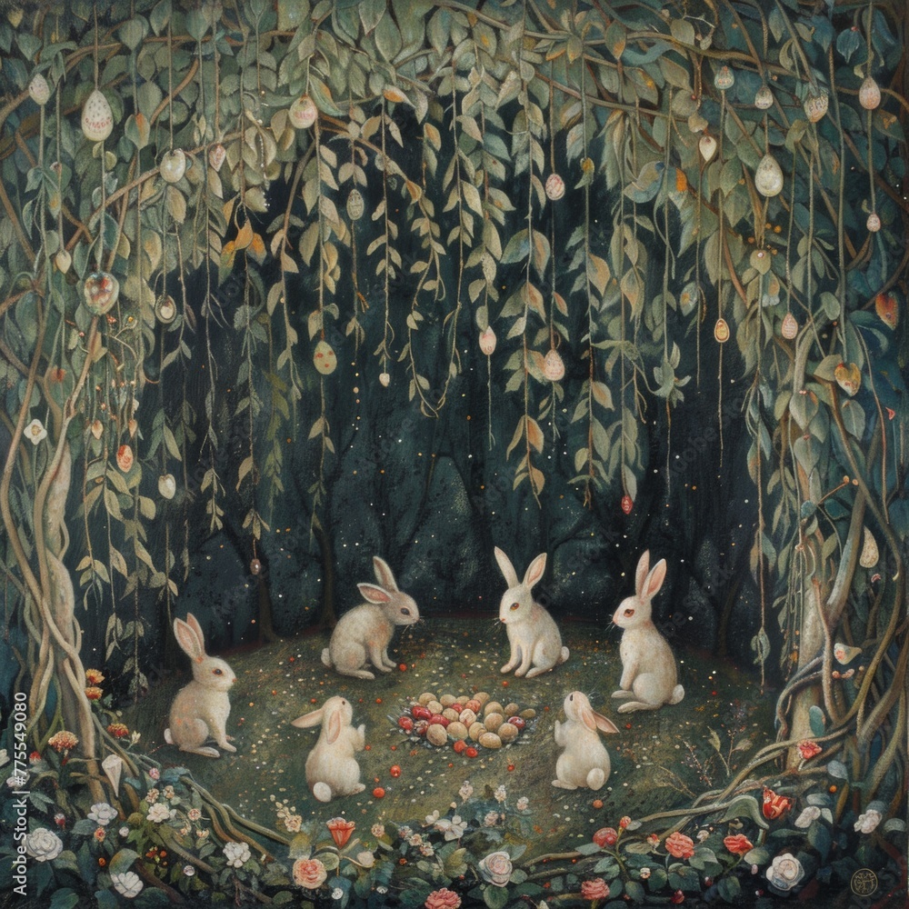 Under the weeping willow bunnies arranging eggs in a circle Stock ...