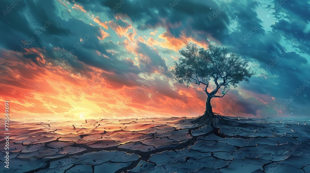 Dying Earth, barren landscape with cracked soil and withered tree ...