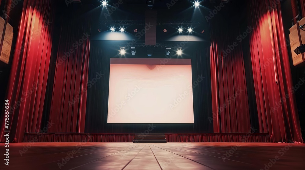 Empty Conference Hall Stage with Large Blank Screen Mockup, Modern ...