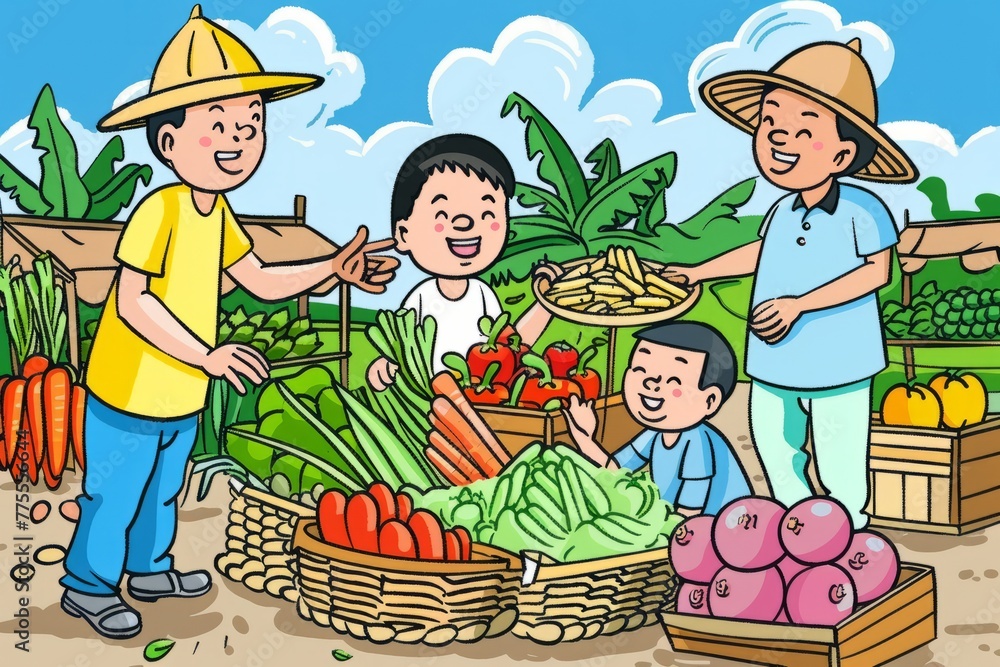 Cartoon cute doodles of an Asian farmer exchanging produce with ...