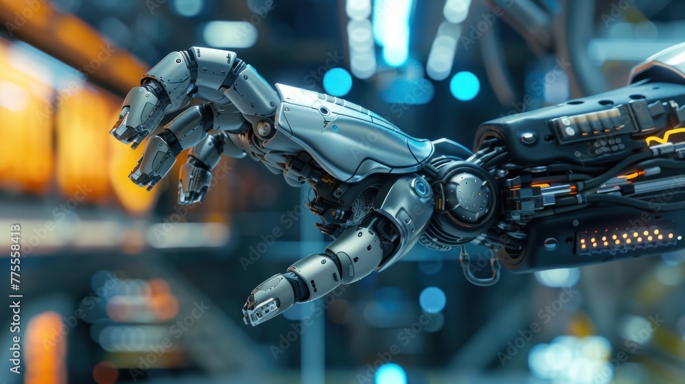 Automated robot arms work in machinery areas in factories, robots used ...