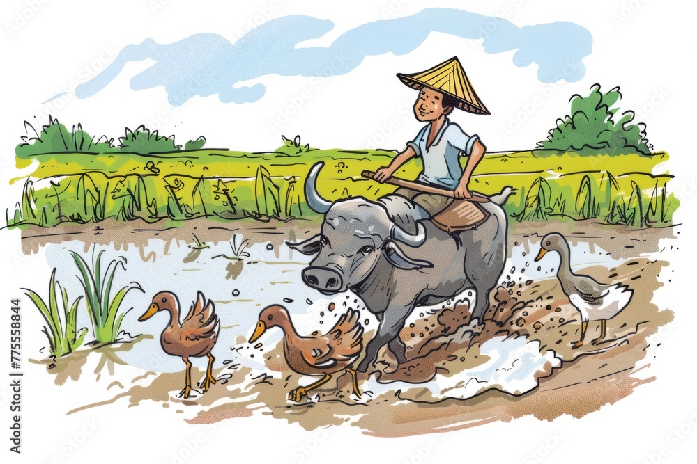 Cartoon cute doodles of an Asian farmer riding a water buffalo through ...