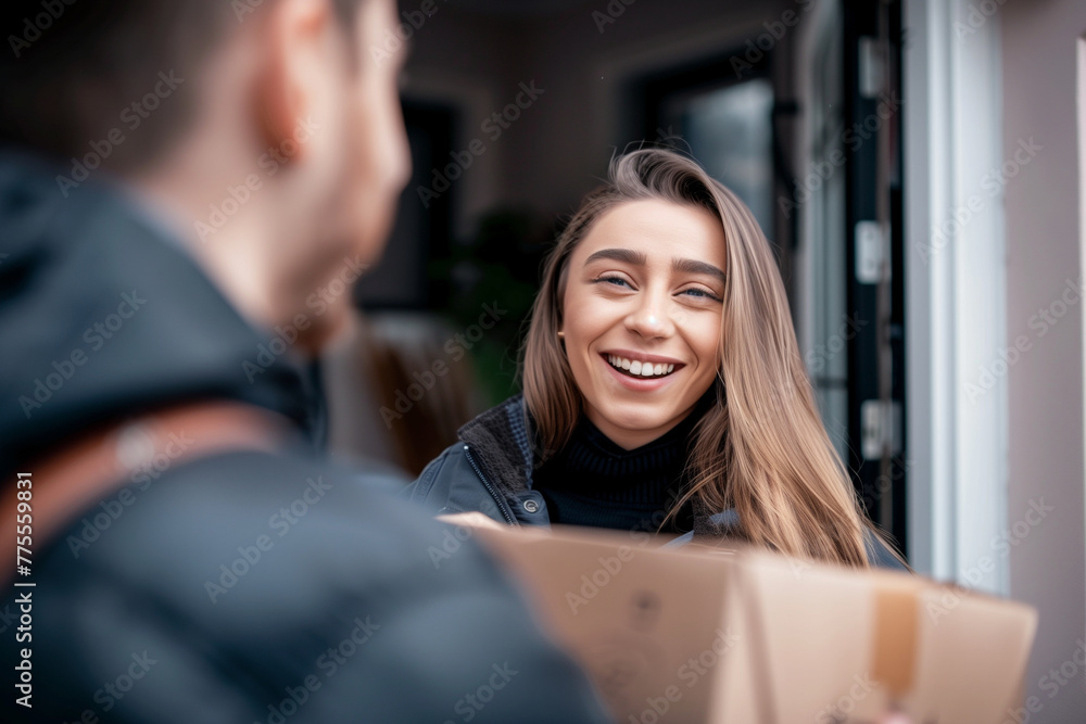 smiling woman receiving an elegant package from the delivery man at her ...