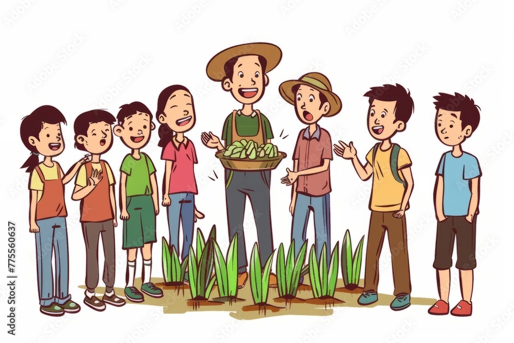 Cartoon cute doodles of an Asian farmer sharing traditional farming ...