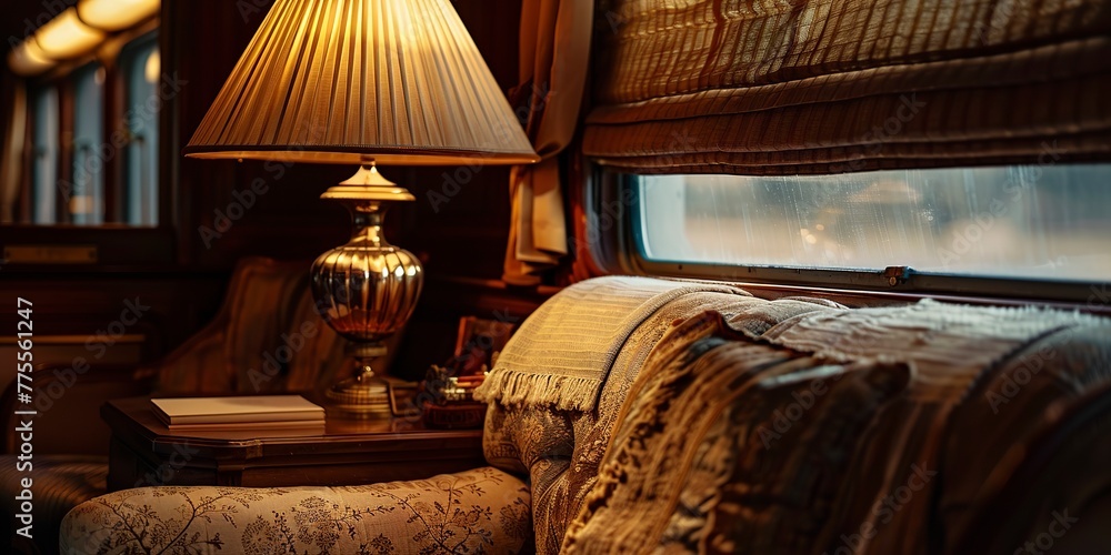 1920s luxury train car interior, close-up on the plush details, soft ...