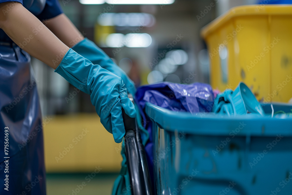 gloved hands of female cleaner throwing trash from garbage bin into ...