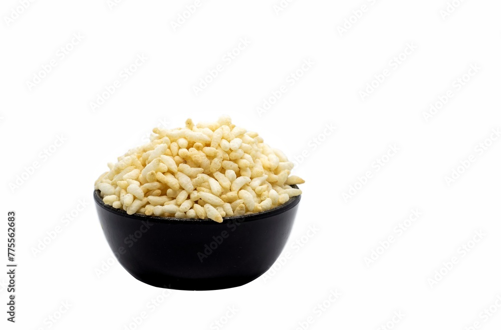 Popped Rice or Puffed Rice in a Black Bowl Isolated on White Background ...