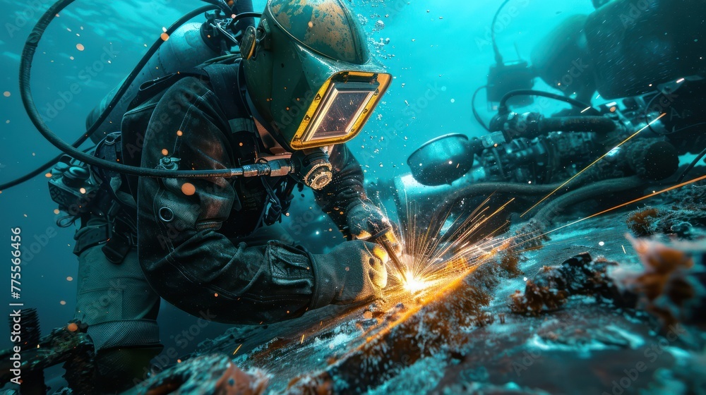 Underwater welders working at Sparks turn on lights on the seabed to ...
