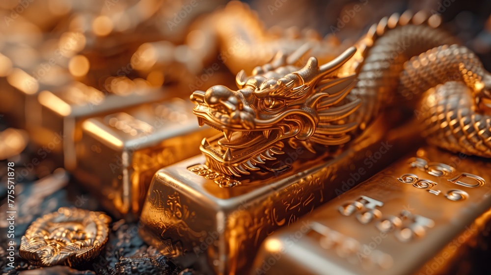 Pile of gold bars with golden dragons The concept of the Year of the ...