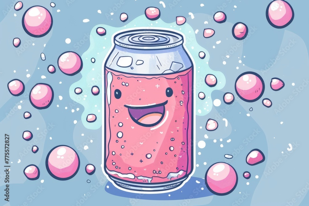 Cartoon cute doodles of a bubbly soda can with a smiling face ...