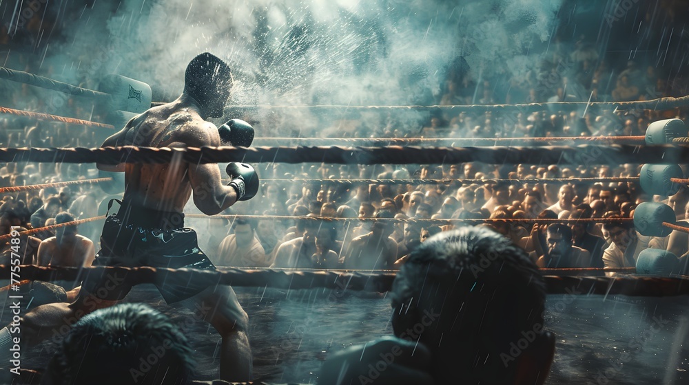 Boxers in the ring fight in front of a huge crowd of fans, creating an ...