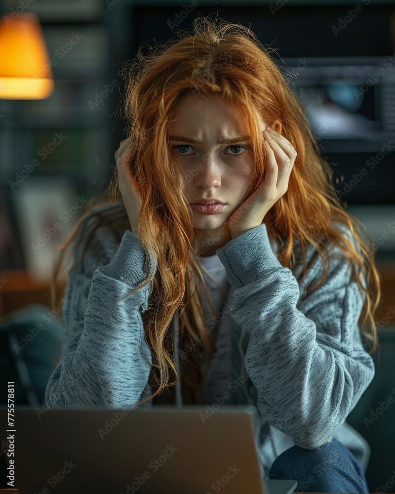 A distressed teenage girl sits in front of her computer, visibly upset ...