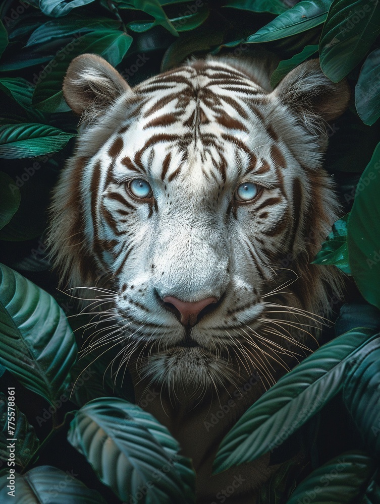 A majestic white tiger, a rare genetic variant of the Bengal tiger ...