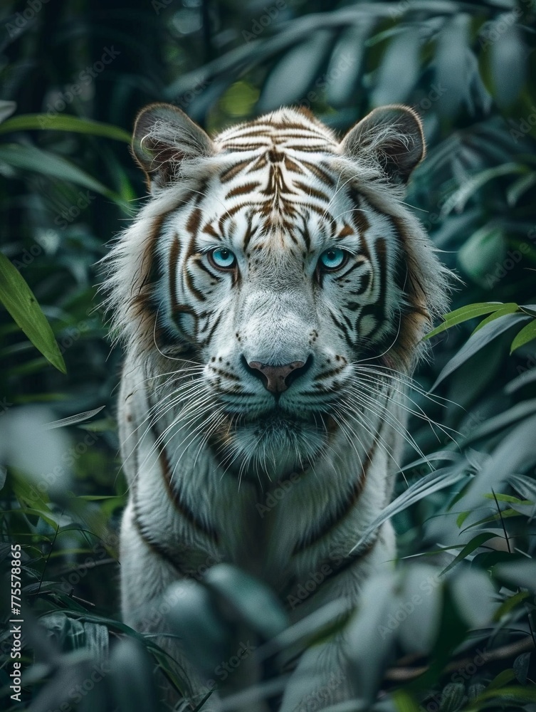 A majestic white tiger, a rare genetic variant of the Bengal tiger ...