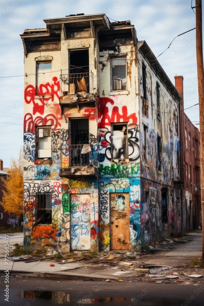An old apartment building with boarded-up windows is covered in ...