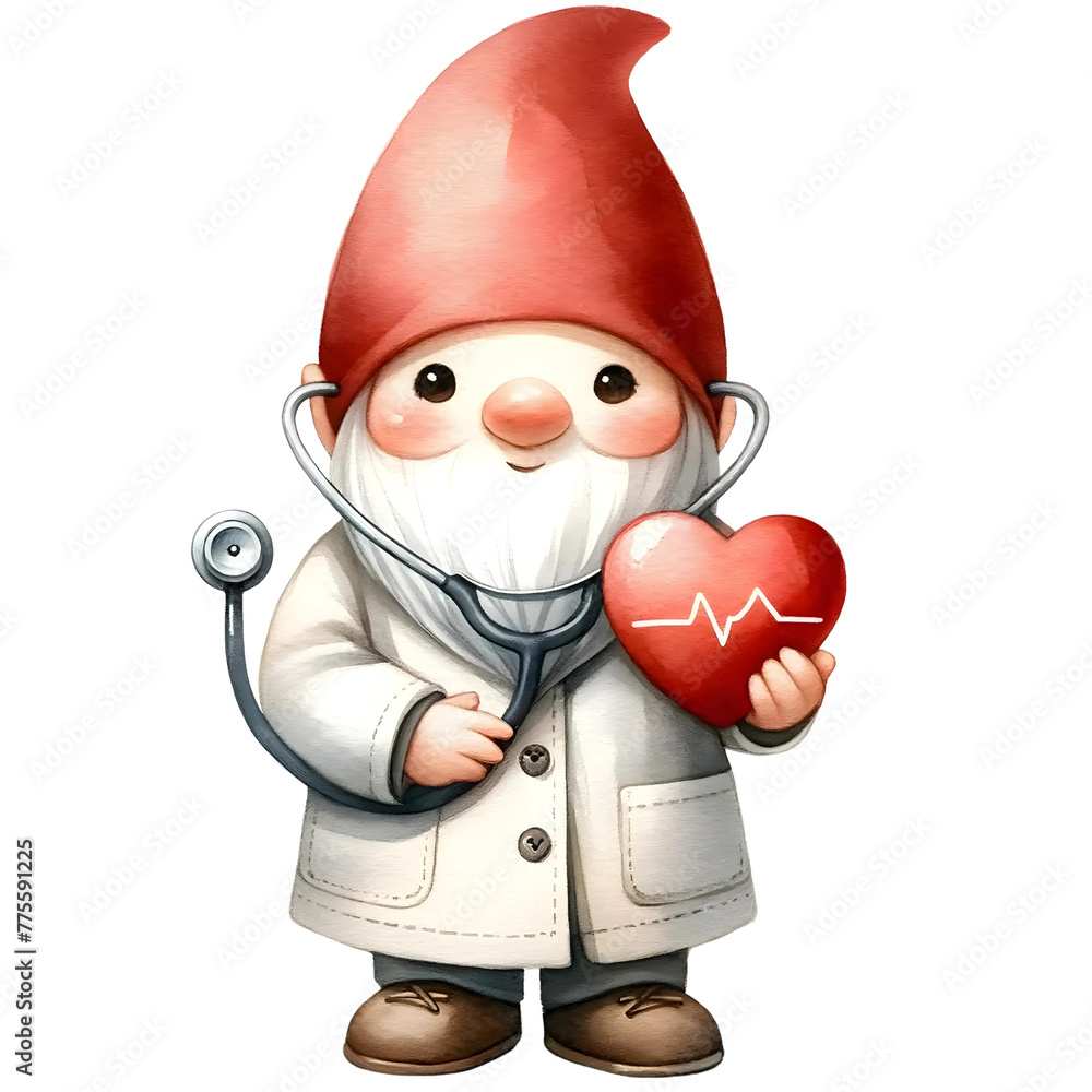 Watercolor clipart cute doctor gnome With Stethoscope and heart ...