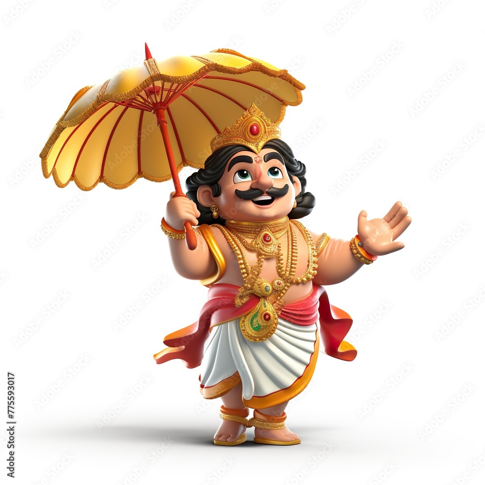 Cartoon style illustration of King Mahabal holding an umbrella, a ...