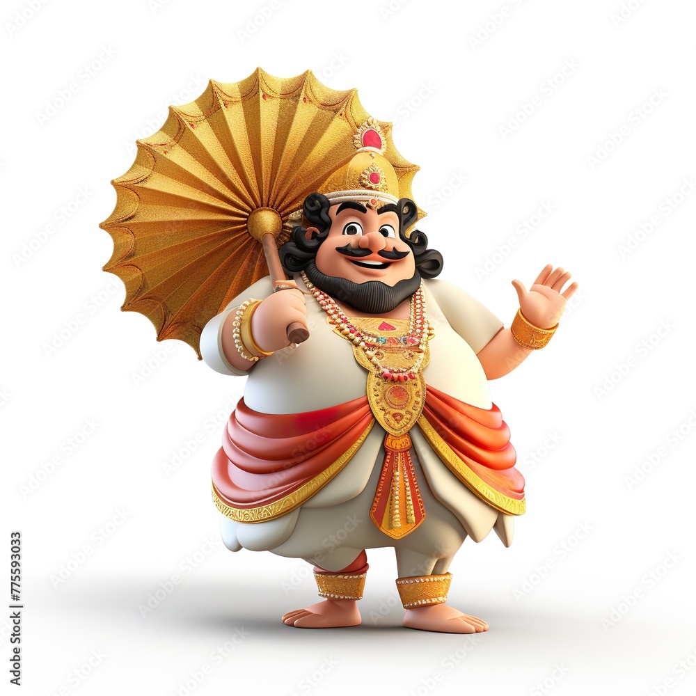 Cartoon style illustration of King Mahabal holding an umbrella, a ...