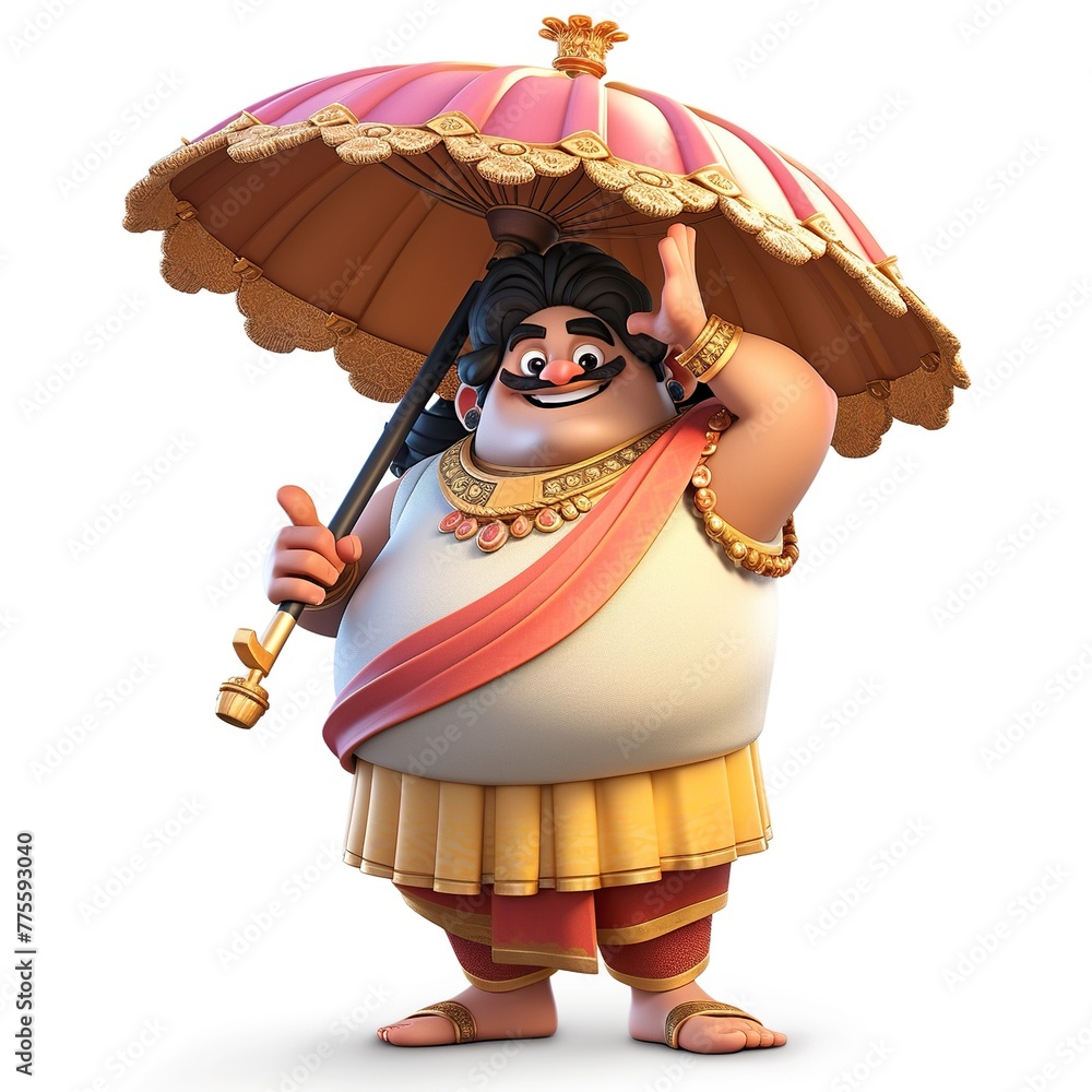 Cartoon style illustration of King Mahabal holding an umbrella, a ...