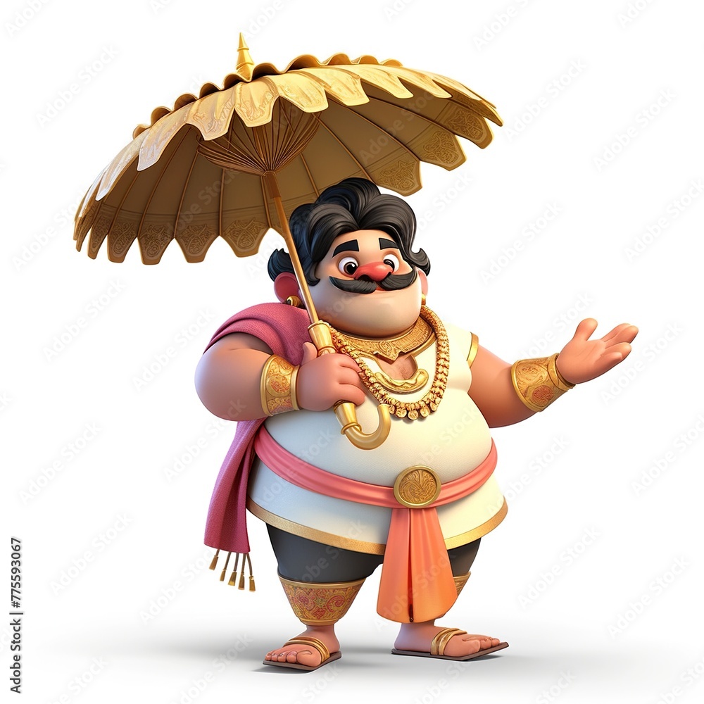 Cartoon style illustration of King Mahabal holding an umbrella, a ...