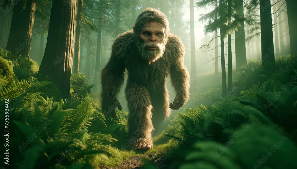 An image of Bigfoot walking quietly through a dense green forest. The expression on Bigfoot's ...