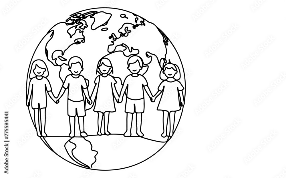 Continuous one line drawing smiling children holding hands around the ...