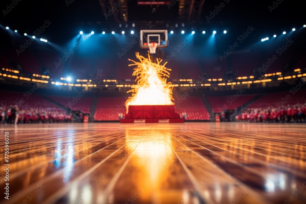 Basketball court on fire with basketball hoop in the middle Stock ...
