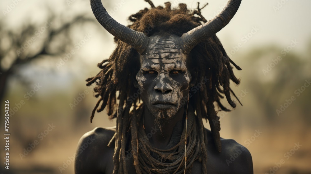 Close-up of Warrior, a man from the African Mursi tribe with ...