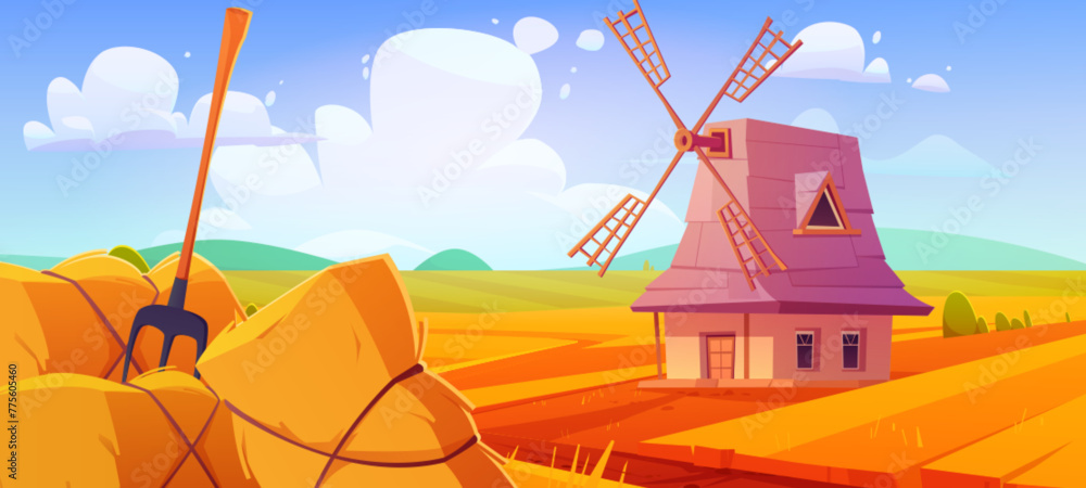 Wheat farm field with straw and mill illustration. Hay, barn and ...
