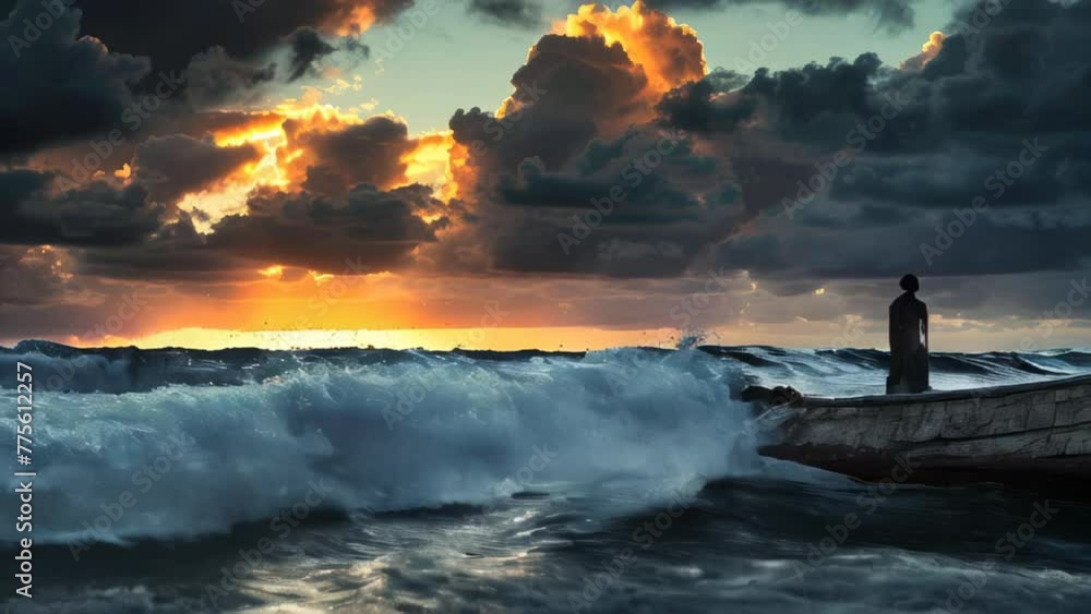 Under a sunset sky, an old wooden boat floats on a raging sea. Tossed ...