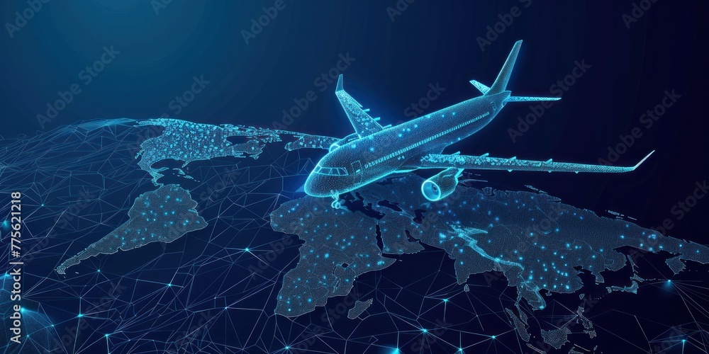Abstract airplane, digital airliner and world map concept in dark blue ...