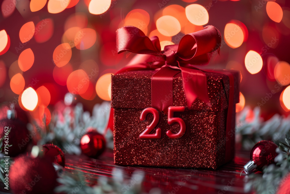 Red festive christmas present box with 25 number on it for December 25 ...