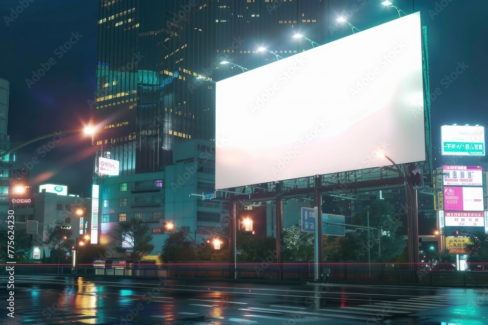 Gleaming digital billboard towers over a neon-soaked metropolis, ready ...
