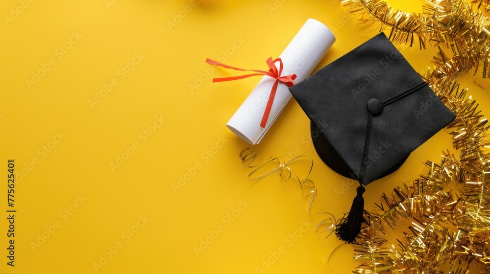 Arrangement with graduation cap Academic certificate on yellow ...