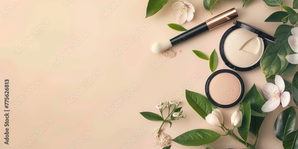 Make professional cosmetics on beige background. Cream, powder, shadow ...