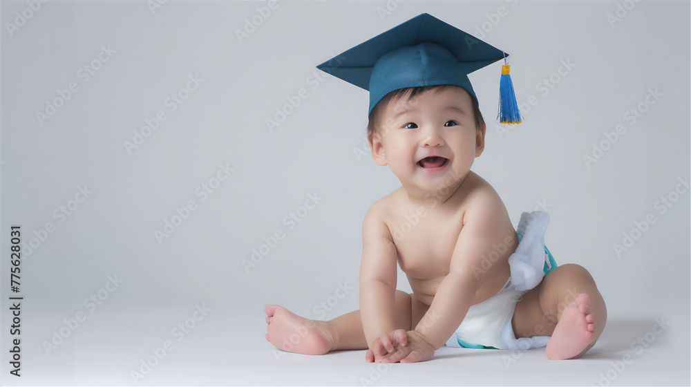 Cute Asian baby with big smile in diapers and graduation hat isolated ...