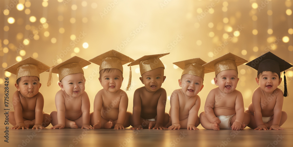 A group of multi race babies with cute smiles in diapers and graduation ...